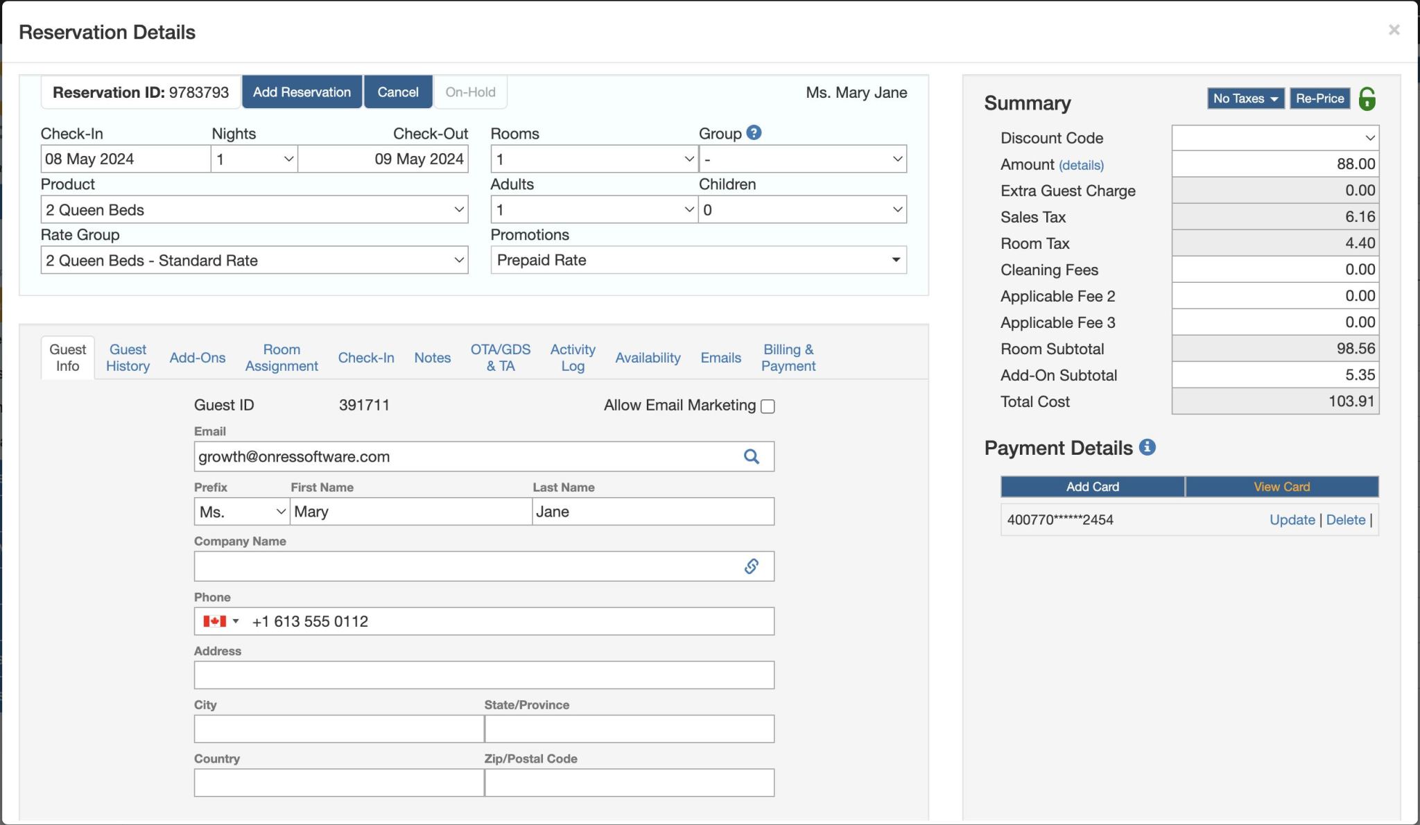 Explain the tabs in the Reservation Details window. - OnRes