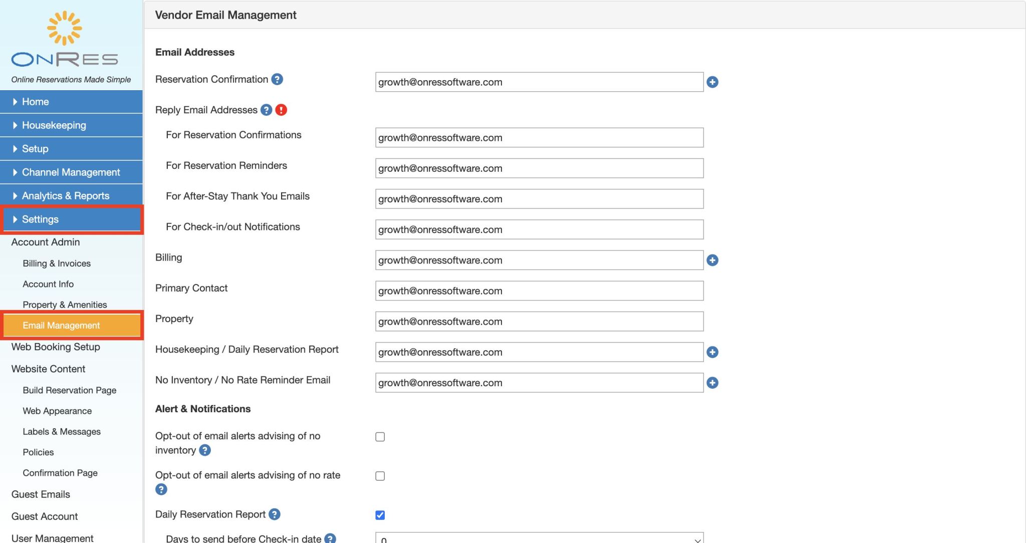 How to set all notification & alerts (emails) to the property? - OnRes