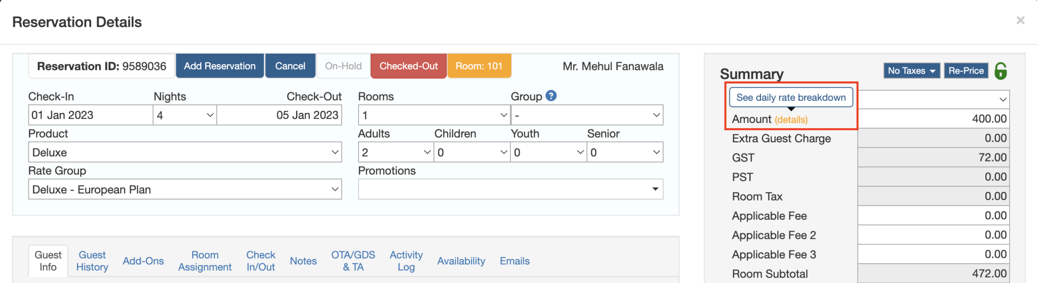 How to view the daily rate breakdown for a multi-day reservation? - OnRes